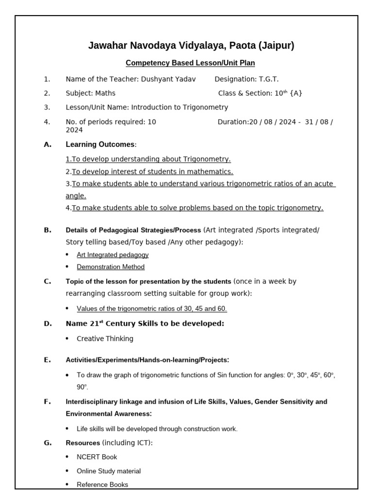 10th 06 Aug Intro. To Trigonometry | PDF | Trigonometry | Pedagogy