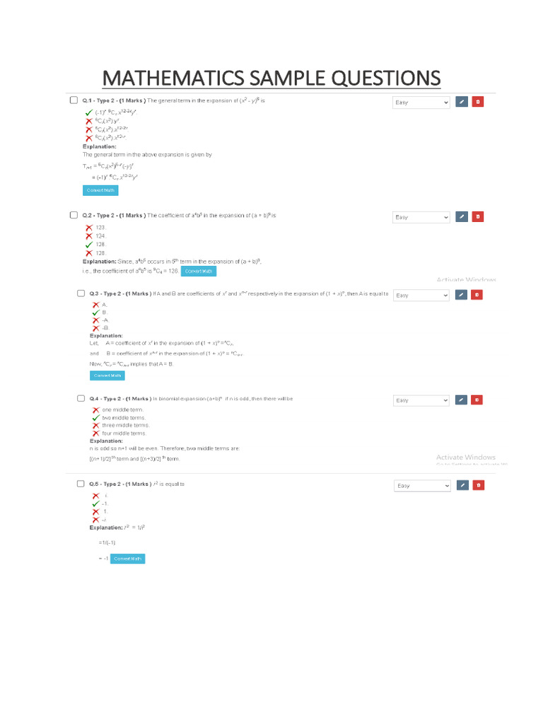 MATHEMATICS SAMPLE QUESTIONS | PDF