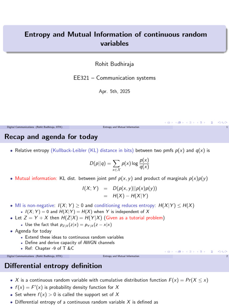 Lec6 Diff Ent Awgn Cap Print | PDF | Probability Density Function | Probability Distribution