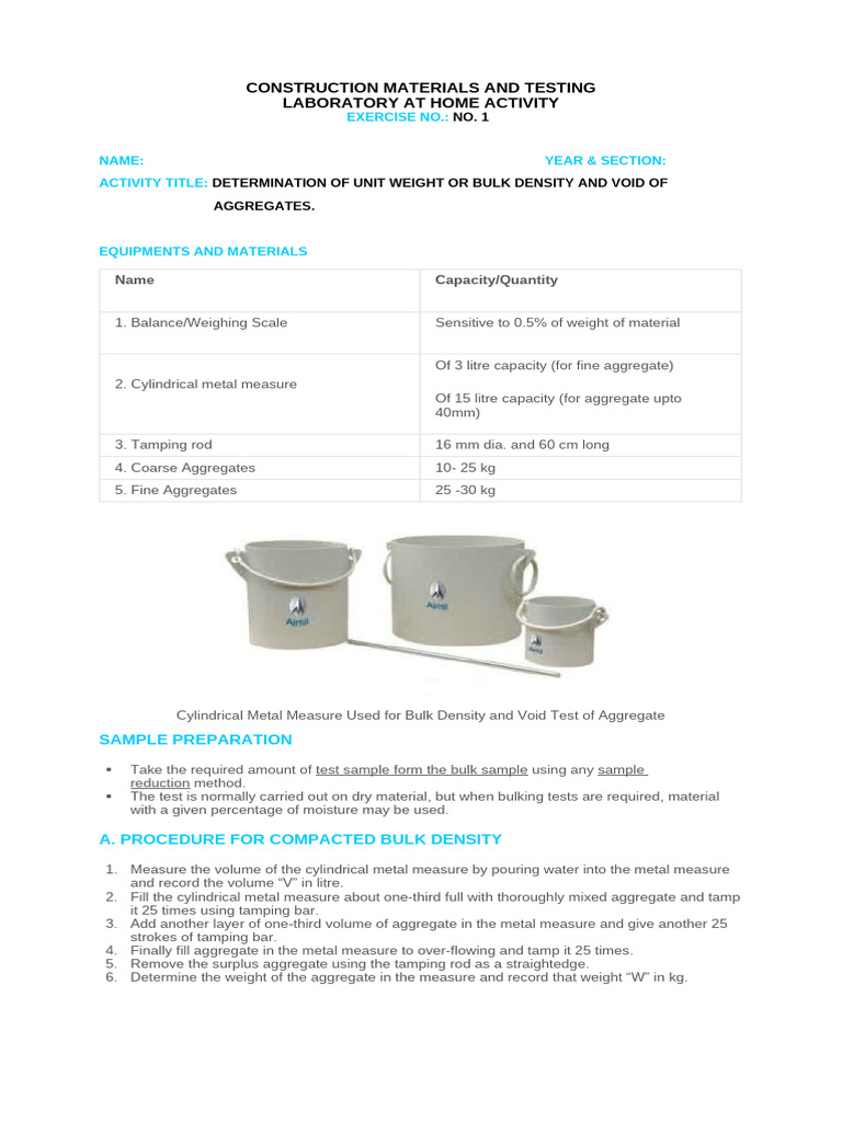 Construction Materials and Testing - Exercises No. 1 | PDF | Density ...