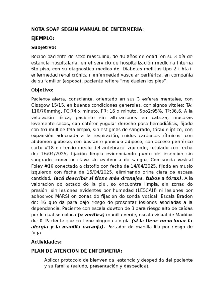 Nota Soap Según Manual de Enfermeria 2025 | PDF | Diabetes ...