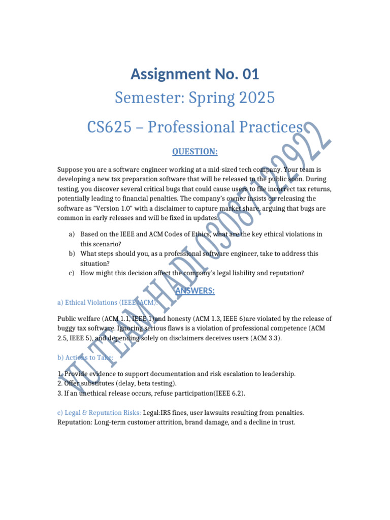 CS625 Assignment 1: Ethical Dilemmas in Software | PDF