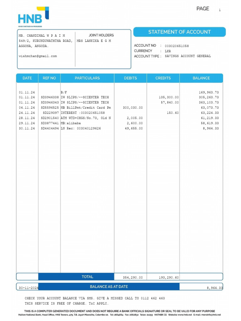HNB Balance Check Missed Call Info | PDF