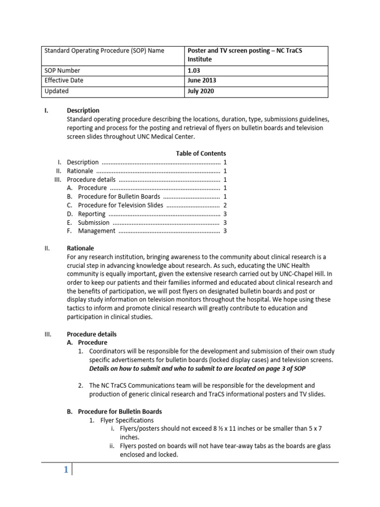 UNC Medical Center Flyer Posting SOP | PDF | Clinical Trial | Health Care