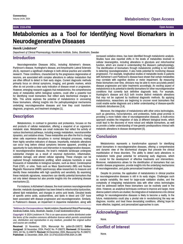Metabolomics As A Tool For Identifying Novel Biomarkers in Neurodegenerative Diseases | PDF ...