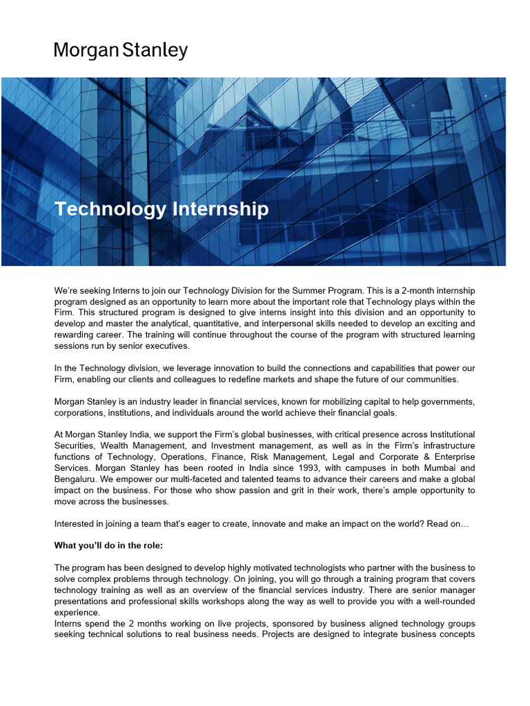 Technology Summer Internship JD 347ac19b35 | PDF | Employment | Business