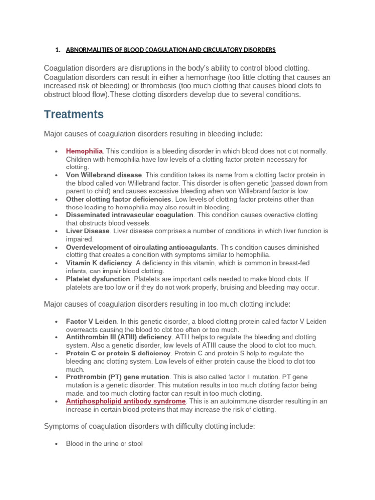 Abnormalities of Blood Coagulation and Circulatory Disorders Notes ...