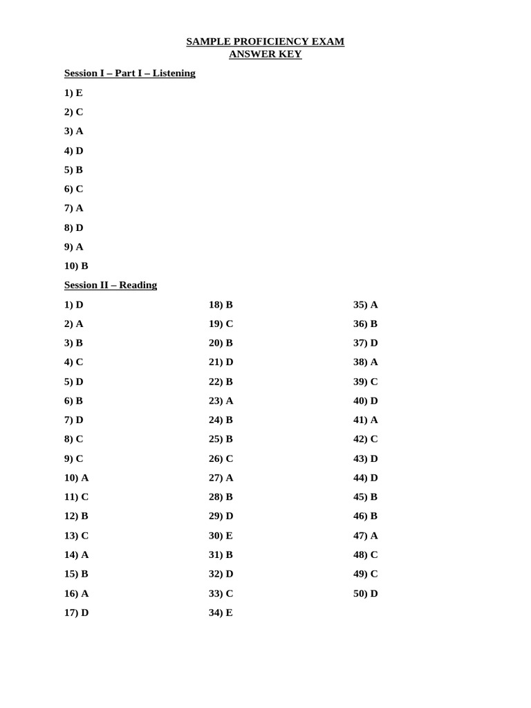 SAMPLE PROFICIENCY EXAM Answer Key | PDF