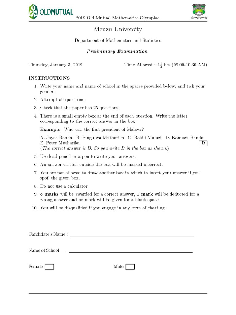 2019 Old Mutual Preliminary | PDF | Mathematical Concepts | Mathematics