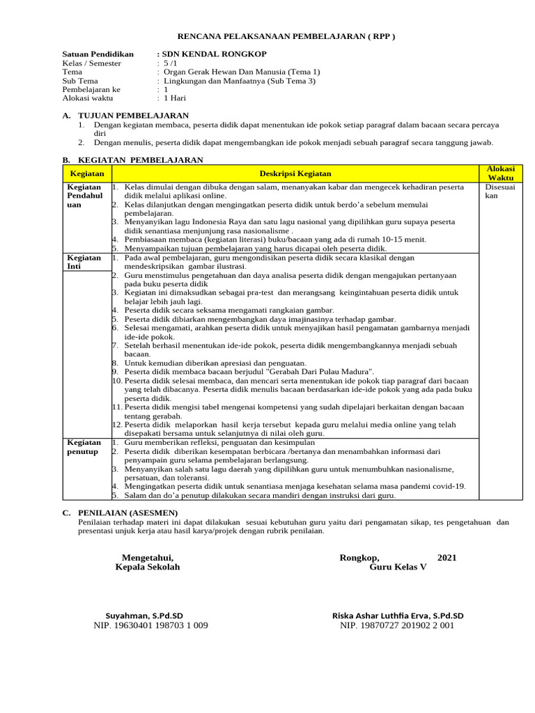 RPP Daring Kelas 5 Tema 1 ST 3 | PDF