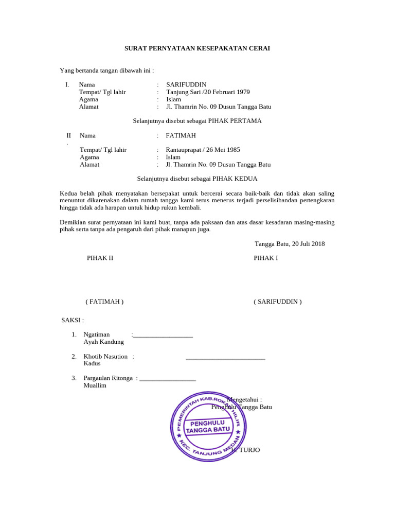 Surat Pernyataan Kesepakatan Cerai | PDF