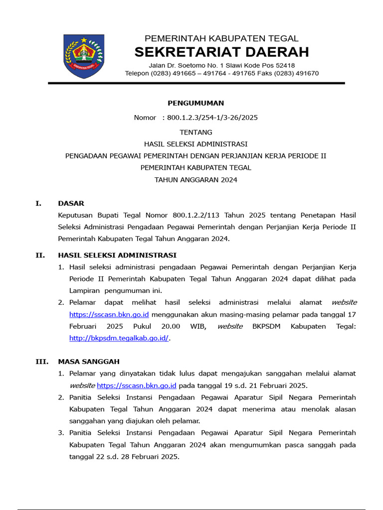 Pengumuman Hasil Seleksi Administrasi Pengadaan PPPK Periode II Kab Tegal 2024 | PDF