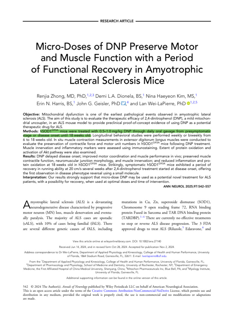 Micro‐Doses of DNP Preserve Motor and Muscle Function with a Period of ...