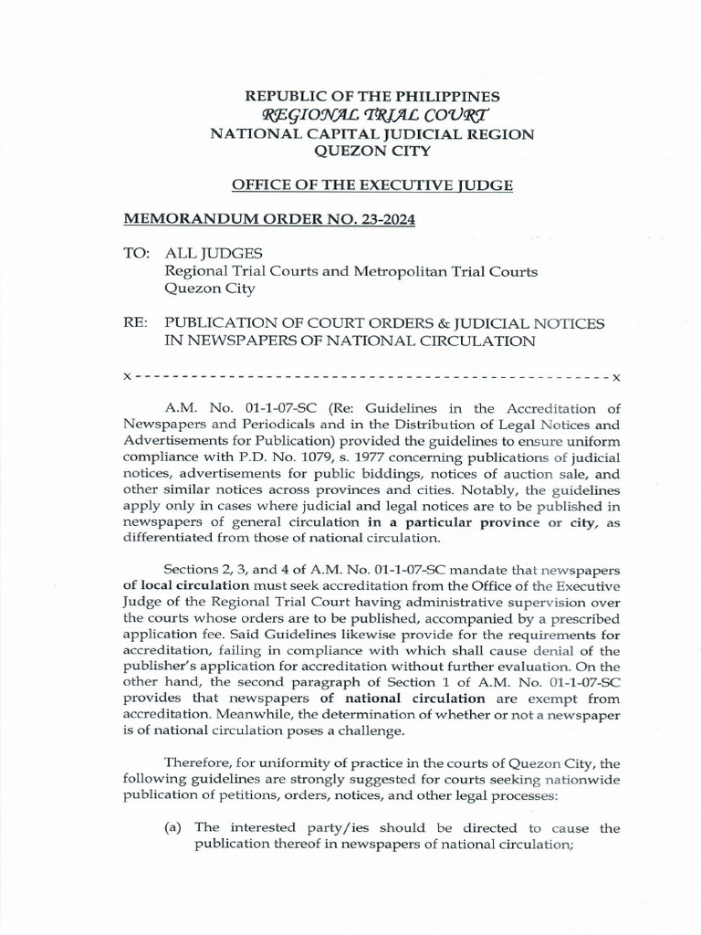 Publication in Newspaper of National Circulation - OEJ Memo Order 2024 ...