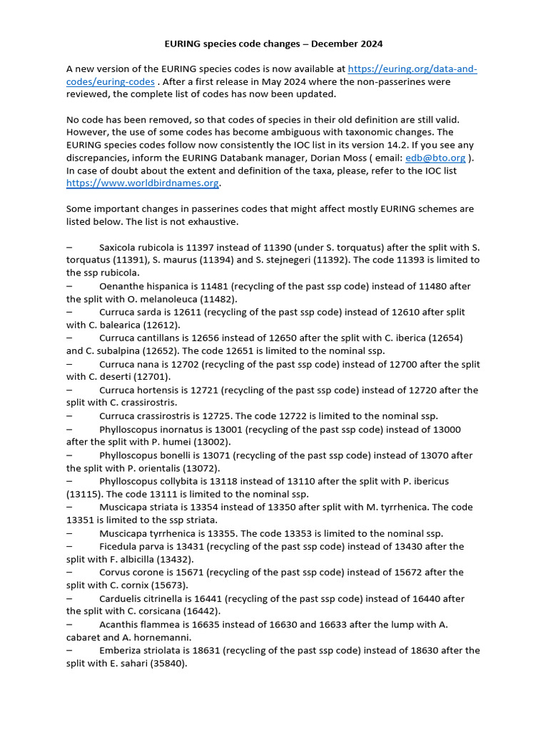 EURING Species Code Changes 14-2-0 | PDF