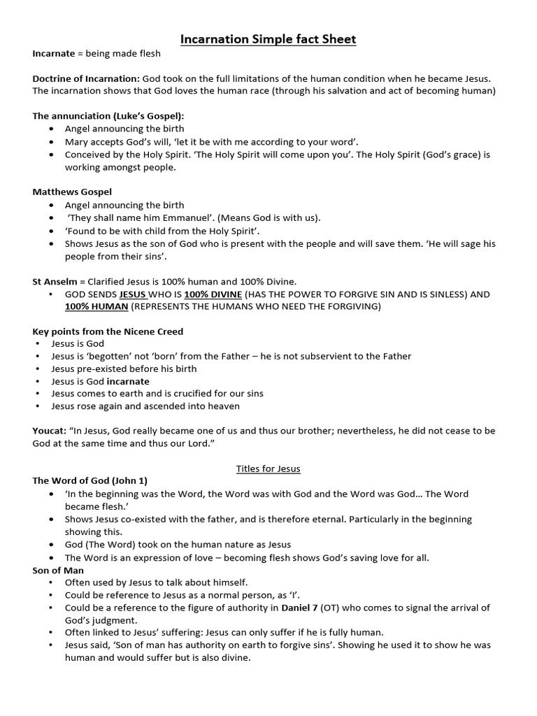 Incarnation Simple Fact Sheet 87259 | PDF | Sacraments | Incarnation ...