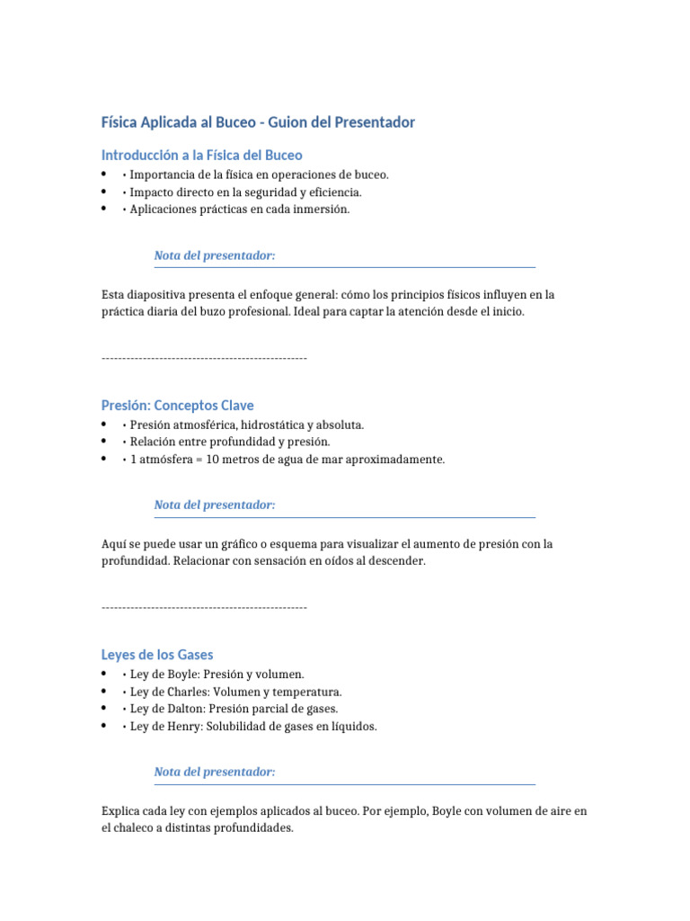 Guion Fisica Buceo Presentador | PDF | Buceo bajo el agua | Gases