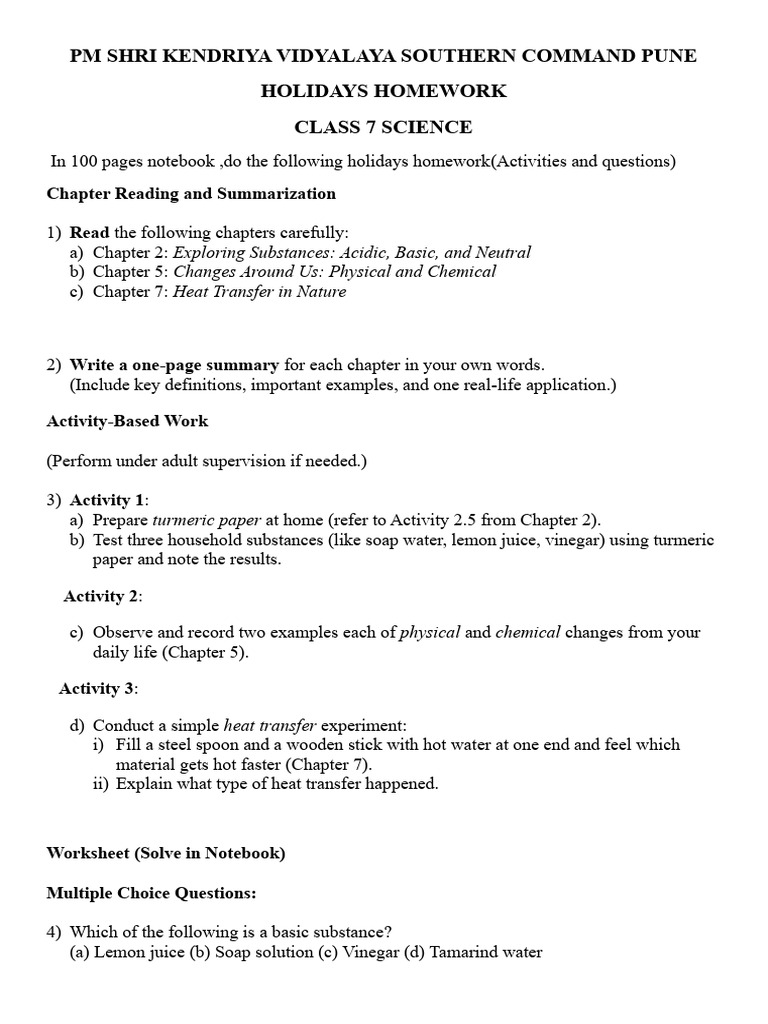 Holidays - Homework Science Class 7 2025-26 | PDF