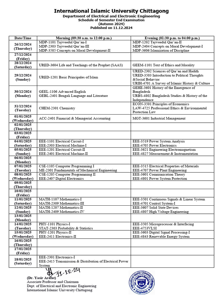Semester End Examination Routine For Autumn 2024 Updated On 11.12.2024 ...
