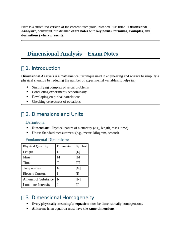 Dimensional Analysis Exam Notes | PDF | Reynolds Number | Fluid Dynamics