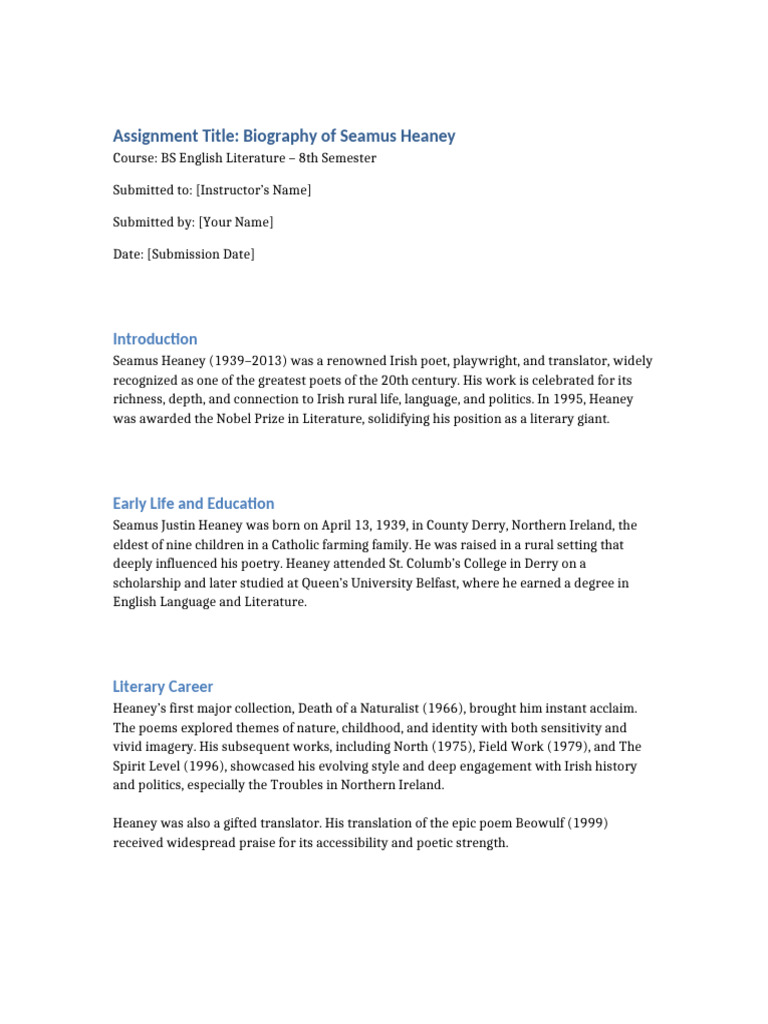 Seamus_Heaney_Biography_Assignment | PDF | Writing | Poetry