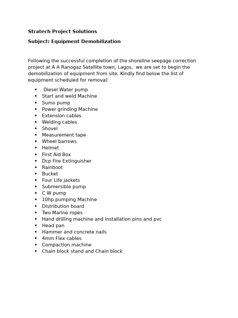 Equipment Demobilization List for Project | PDF
