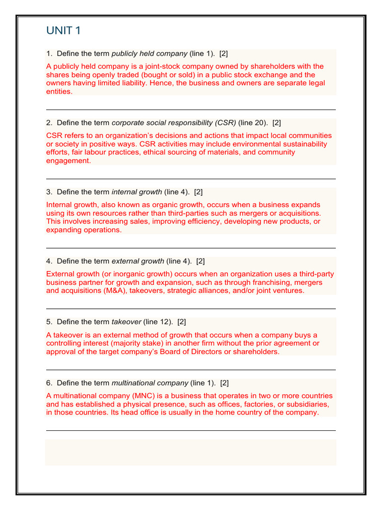 Paper 1 Unit Questionanswers | PDF | Expense | Corporate Social ...