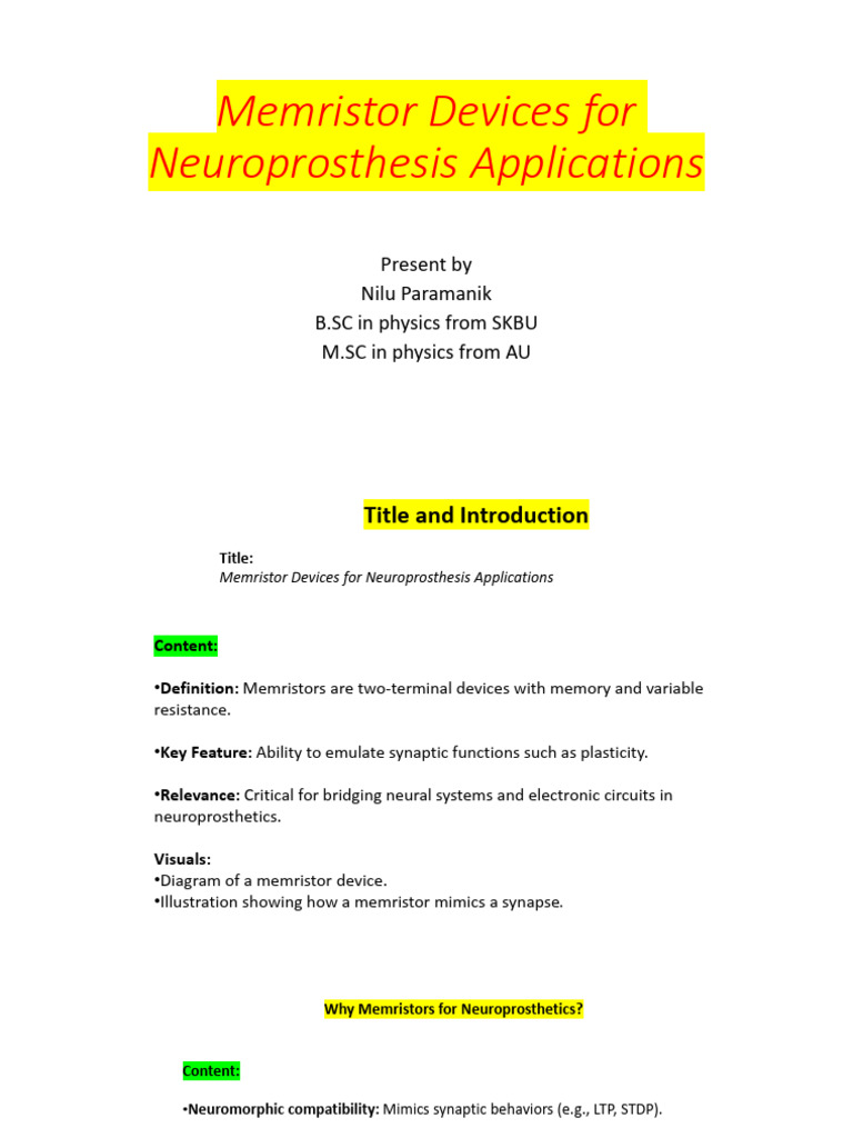 Memristor Devices for Neuroprosthesis Applications | PDF | Nervous ...