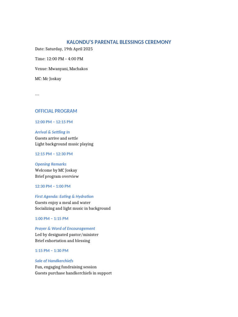 Kalondu Parental Blessings Ceremony Program | PDF