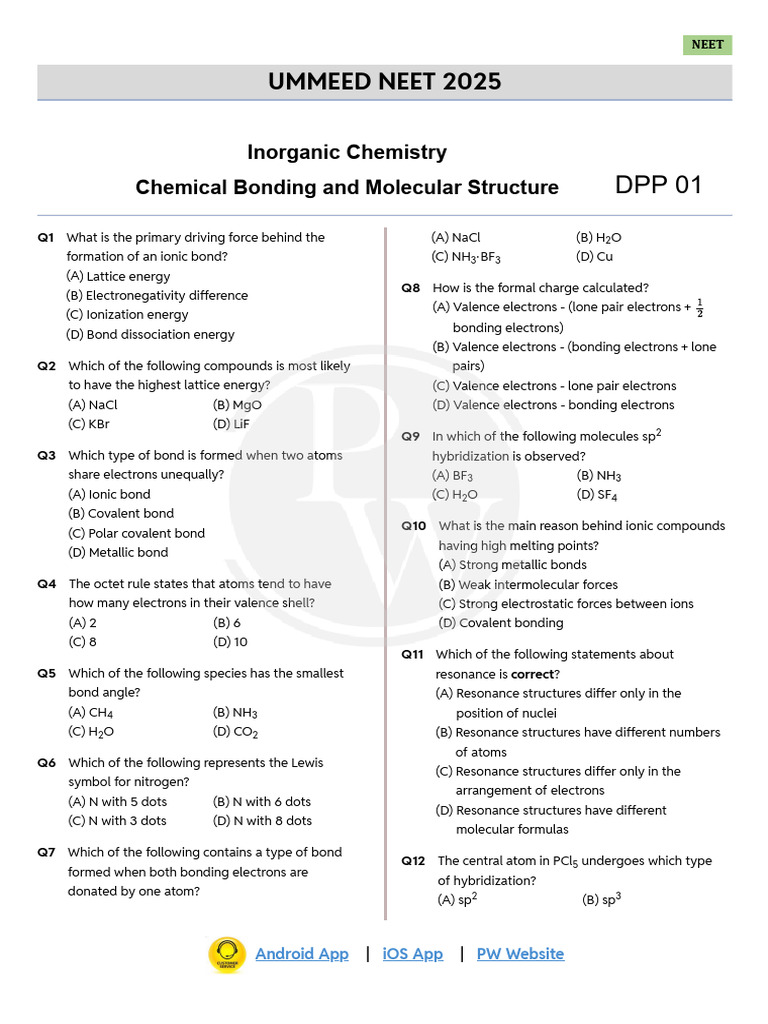 Chemical Bonding And Molecular Structure Dpp 01 Ummeed Neet 2025