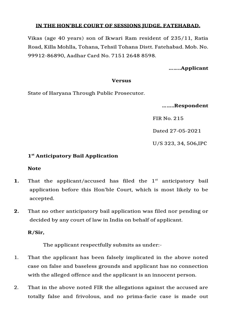 Anticipatory Bail Application - FIR 215 | PDF | Bail | Affidavit
