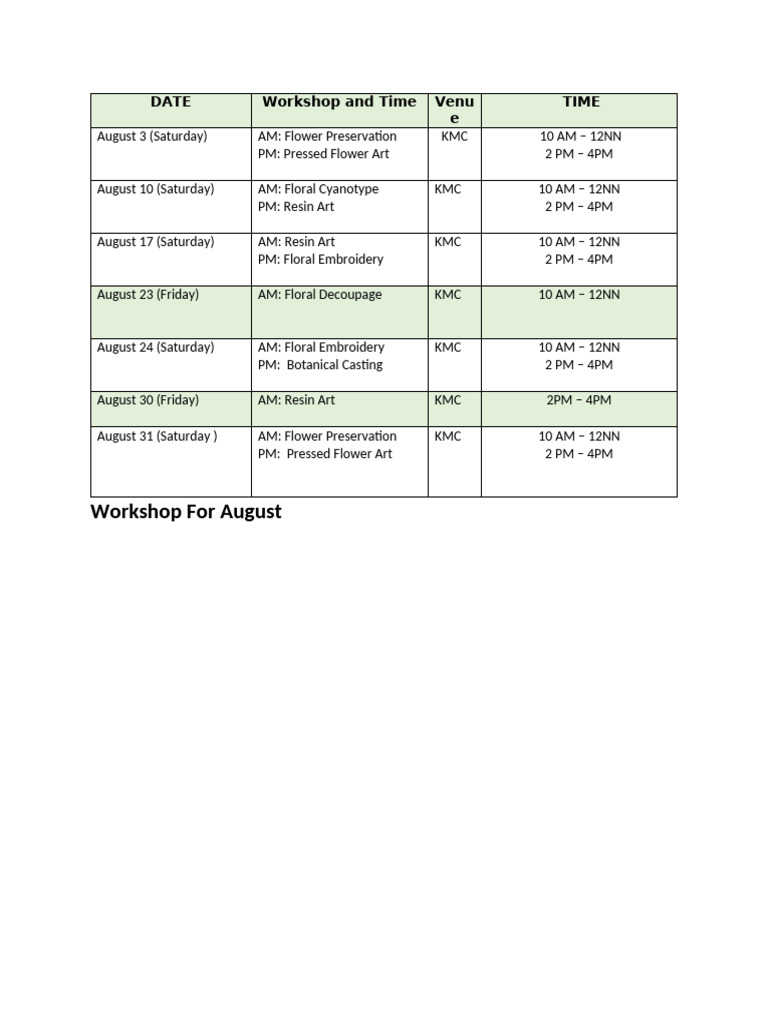 August Workshops | PDF