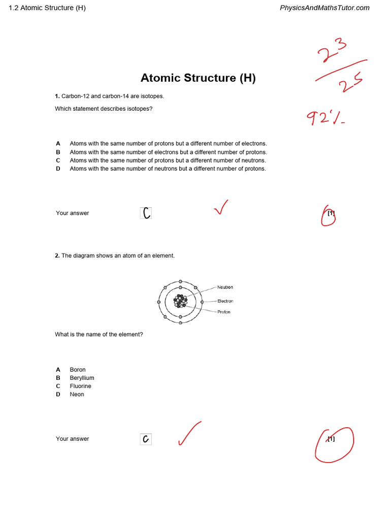 1.2 Atomic Structure (H) QP | PDF | Atoms | Ion