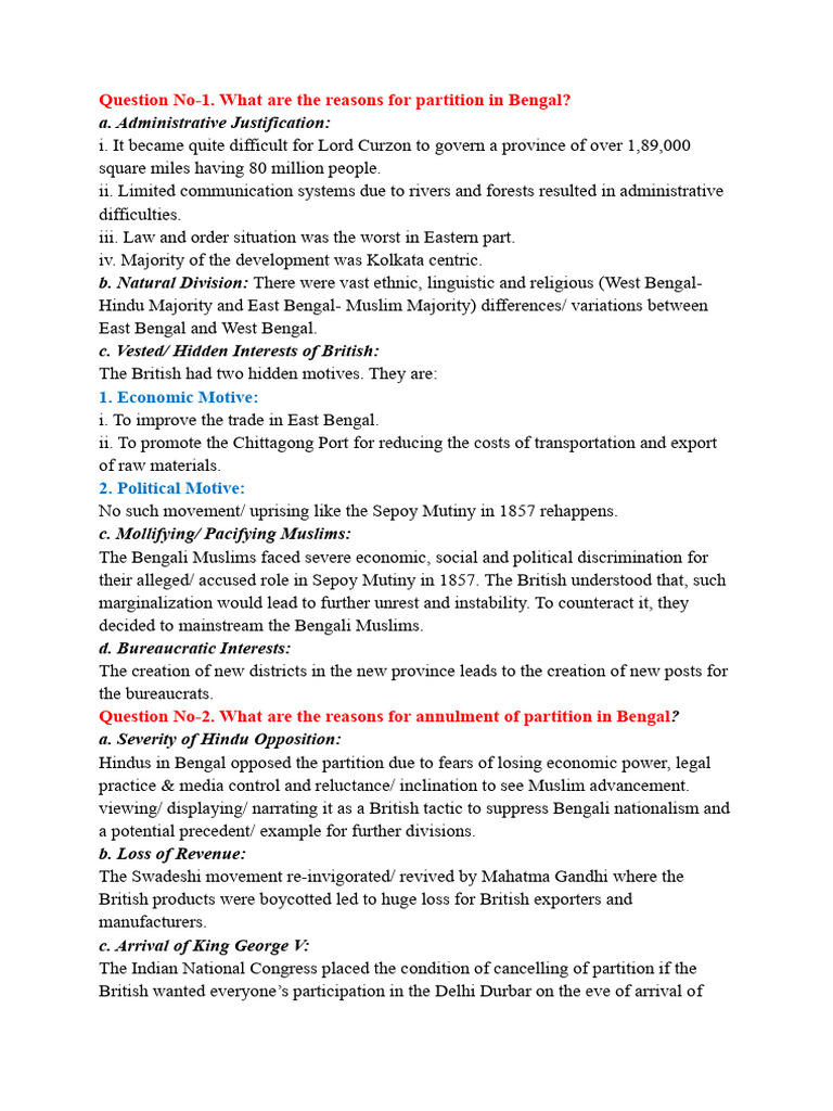 Partition of Bengal and Significance of Lahore Resolution | PDF ...