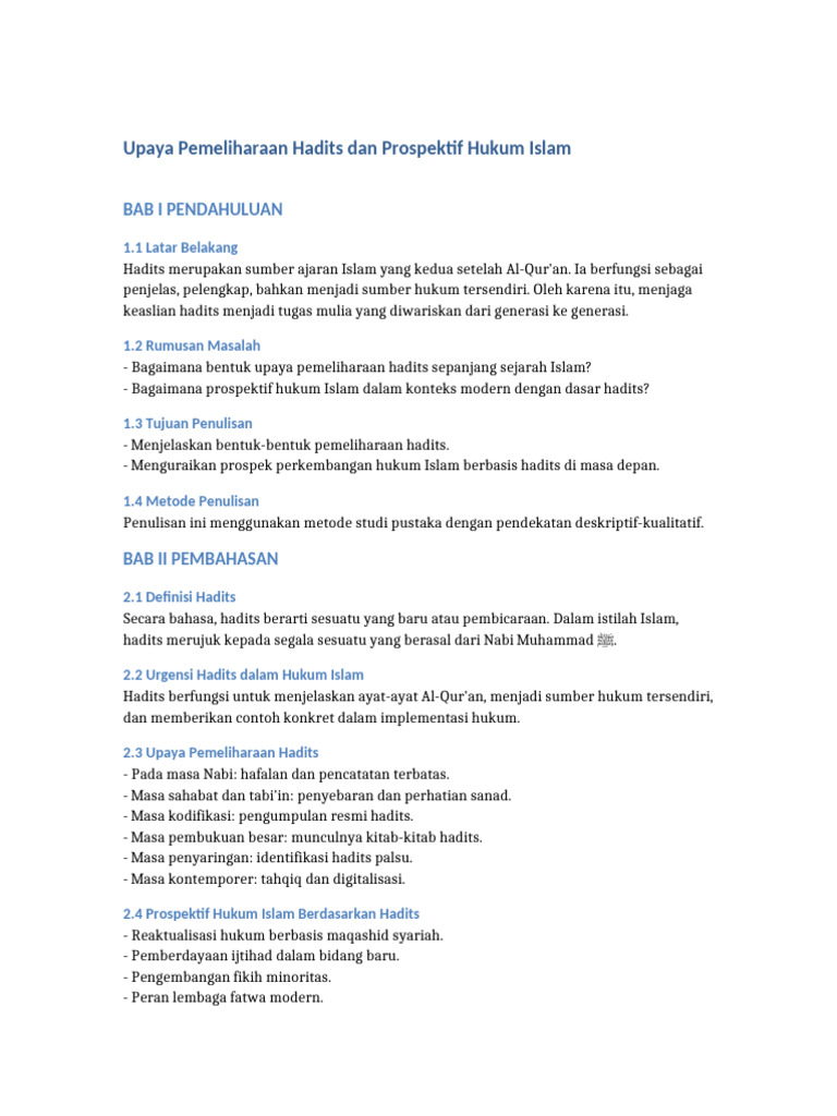 Upaya Pemeliharaan Hadits Dan Prospektif Hukum Islam | PDF