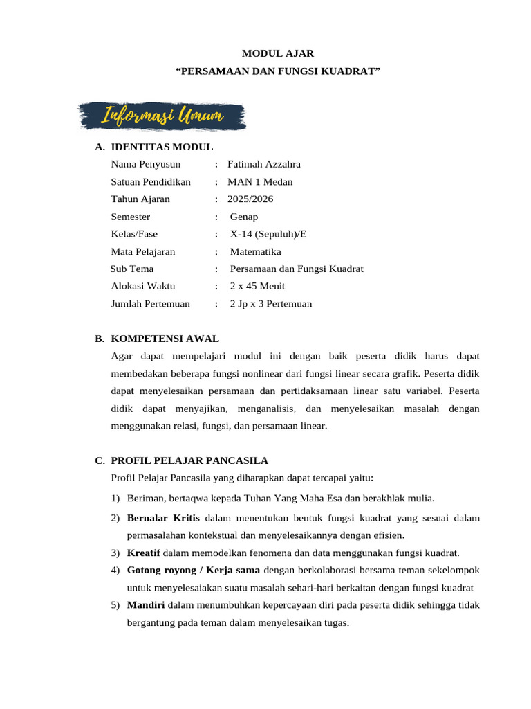 MODUL AJAR - PERS & FUNGSI KUADRAT (PJBL) - FIX | PDF