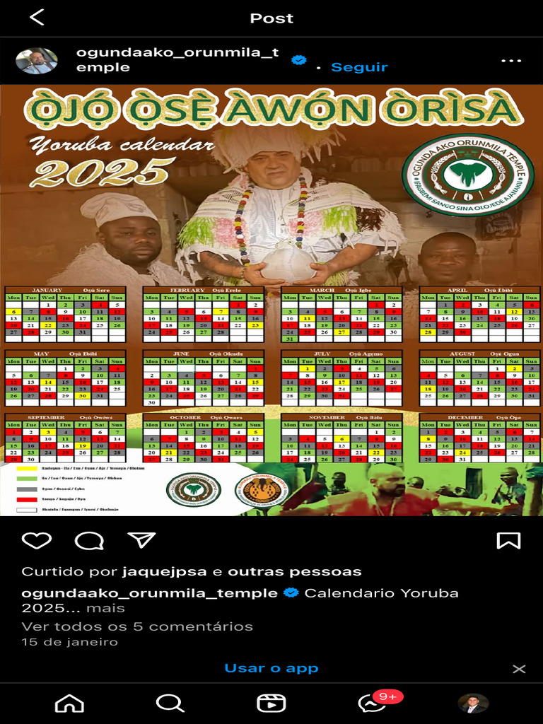 Lazaro J Gomez Calendario Yoruba 2025 Yoruba Calender 2025 Ojo Ose Awon Orisa Instagram | PDF