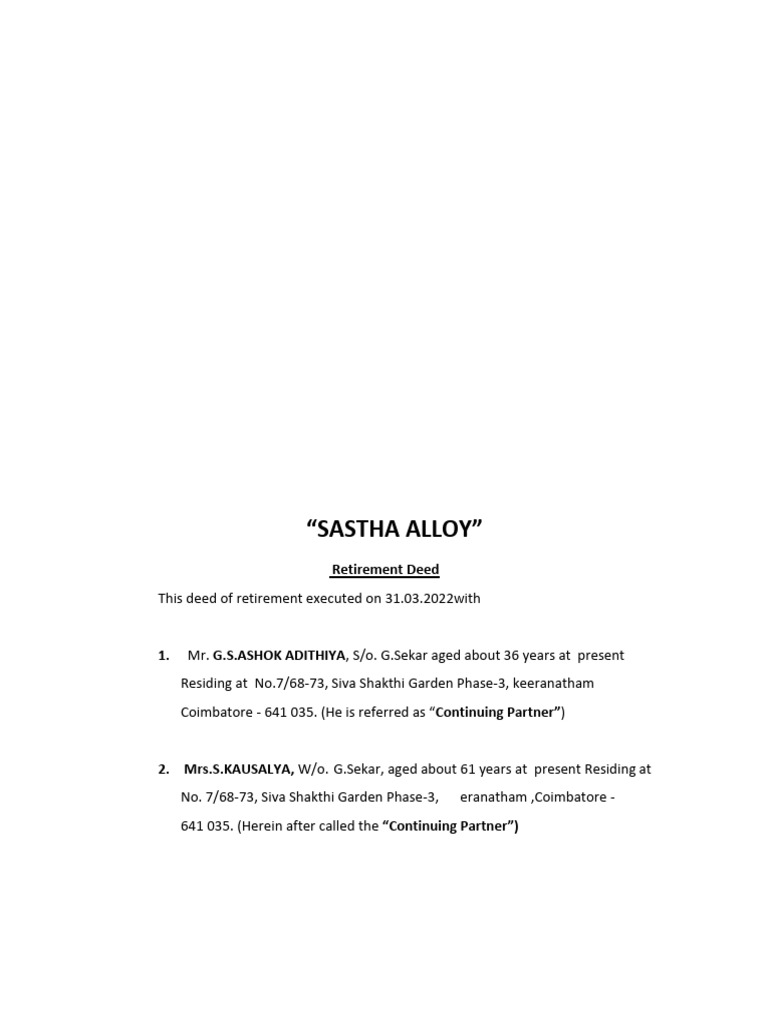 Sastha Alloy Retirement Deed | PDF | Arbitral Tribunal | Business