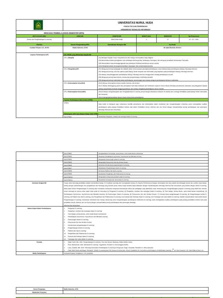 RPS Desain Pengembangan E-Learning | PDF