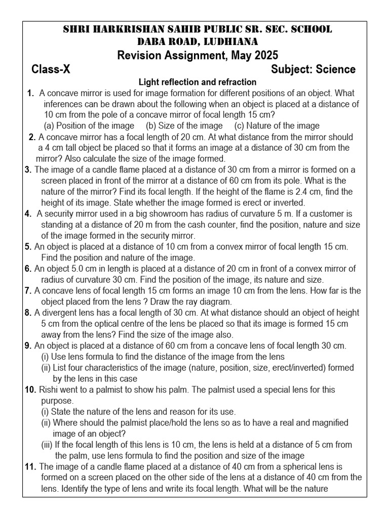 Light Class 10 Assignment May 2025 | PDF | Electrodynamics | Applied ...