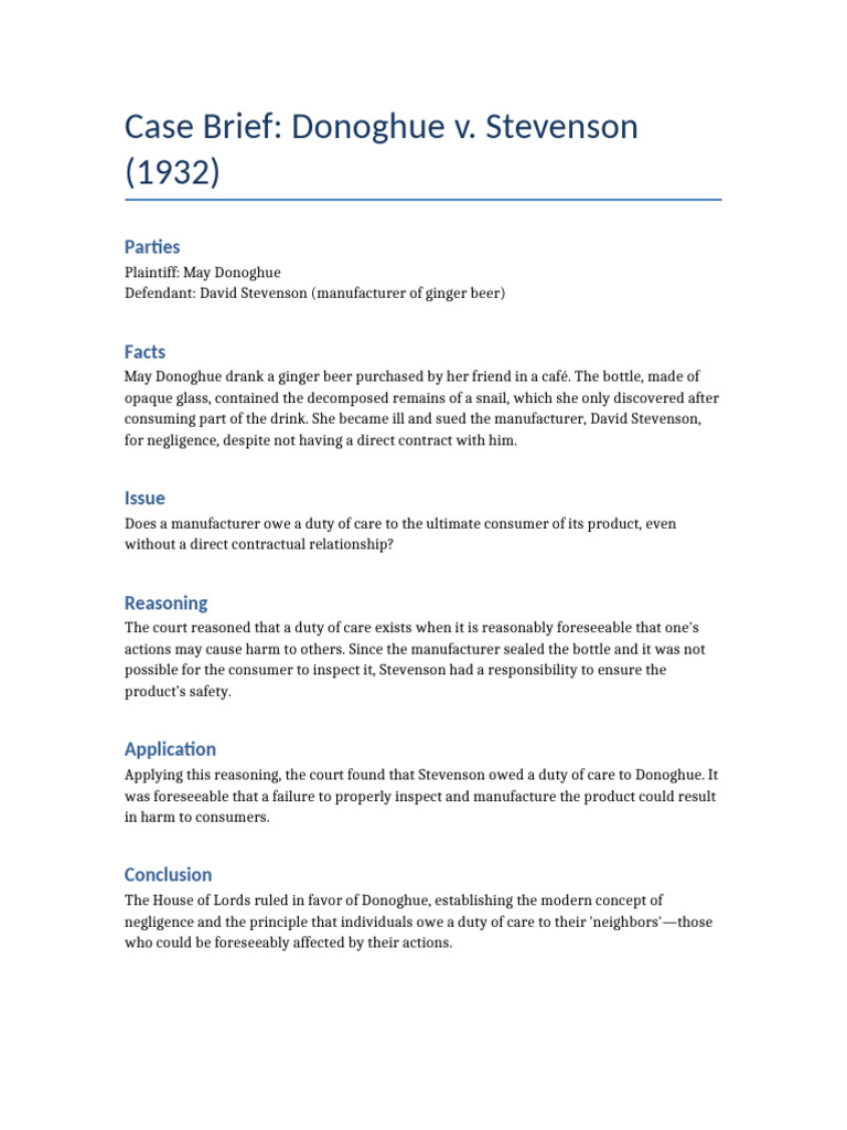 Donoghue V Stevenson Case Brief | PDF