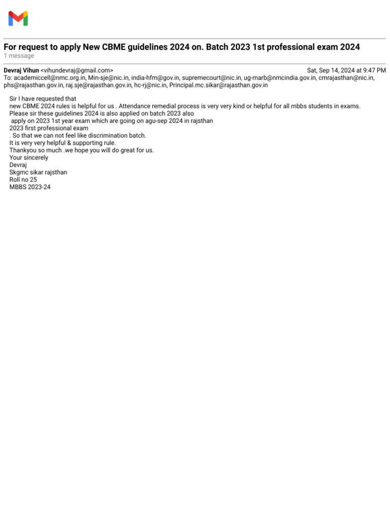 Gmail - For Request To Apply New CBME Guidelines 2024 On. Batch 2023 1st Professional Exam 2024 ...