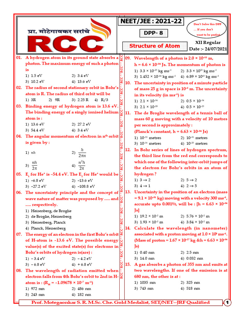 12th DPP-8 Structure of Atom 24-07-21 Revision Batch 1 | PDF | Electron | Electronvolt