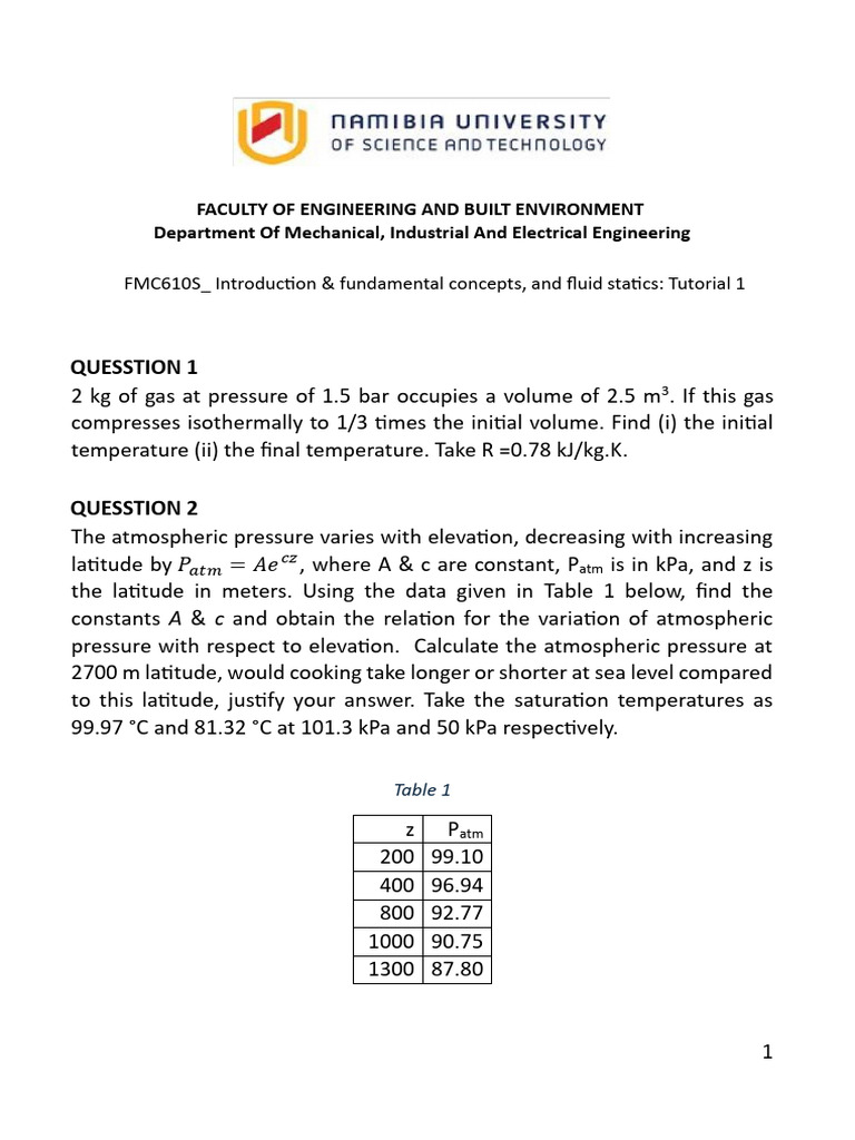 Tutorial Introduction to Concepts and Fluid Statics (1) | PDF | Pressure | Density
