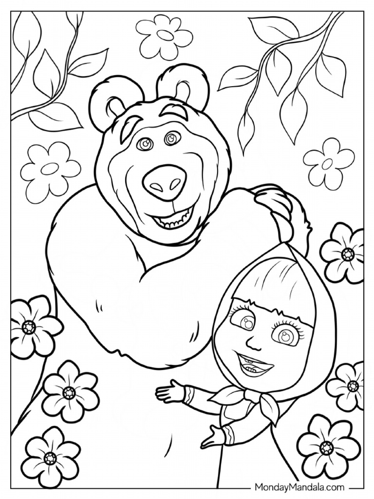 Kawaii Masha and The Bear With Flowers Coloring Page 1 | PDF