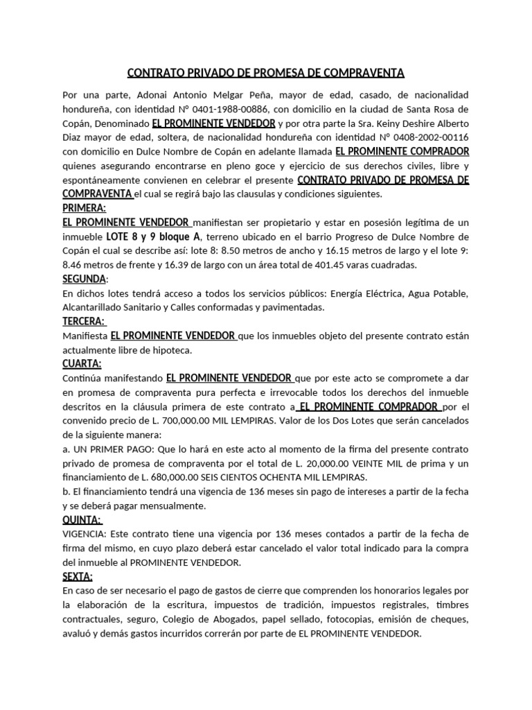 CONTRATO PRIVADO DE PROMESA DE COMPRAVENTA | PDF
