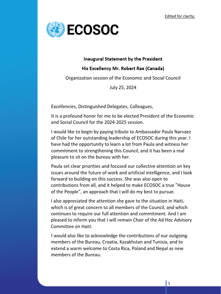 Statement Ecosoc President 25 July 2024 | PDF | United Nations ...
