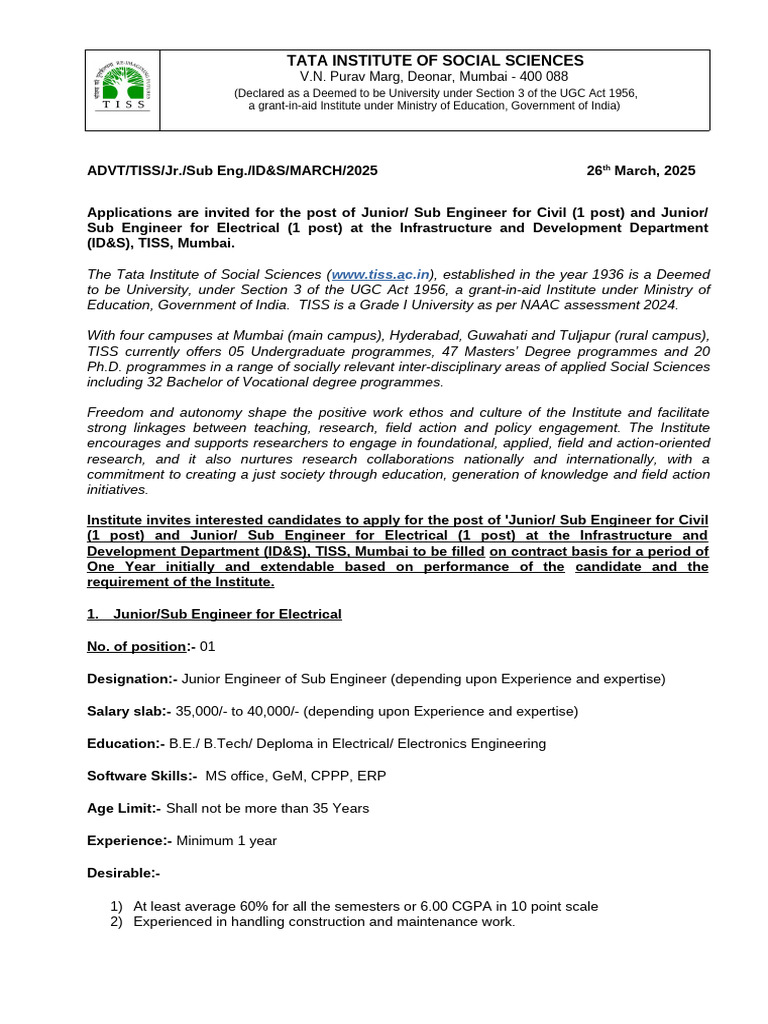 Advertisement - Junior-Sub Engineers For Civil and Junior-Sub Engineer ...