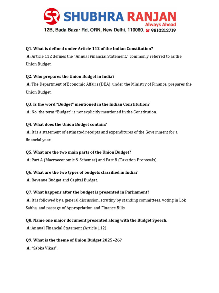 Budget One Liner Questions and Answers | PDF | Taxes | Budget