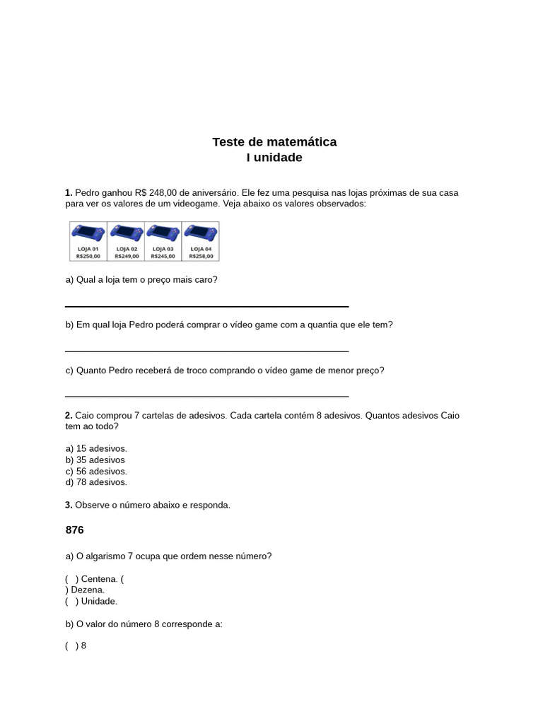 Teste de Matemática para Crianças | PDF